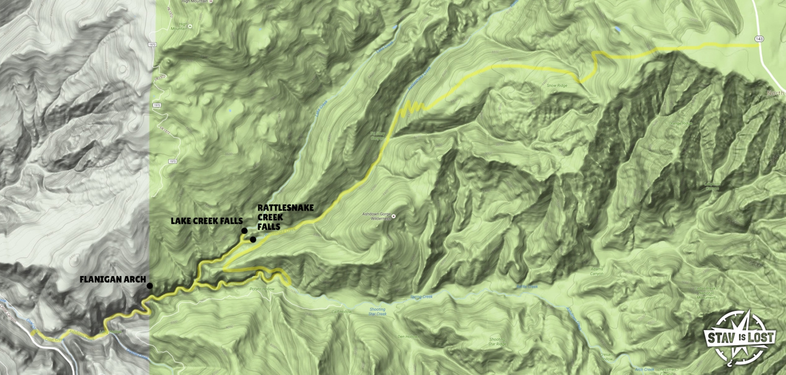 Map of Ashdown Gorge via Rattlesnake Creek - Stav is Lost