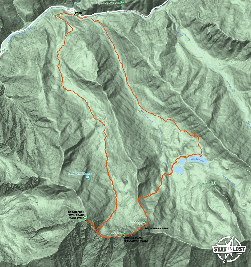 Hiking Map for Twin, Sunrise, and Dromedary Loop via Lake Blanche ...