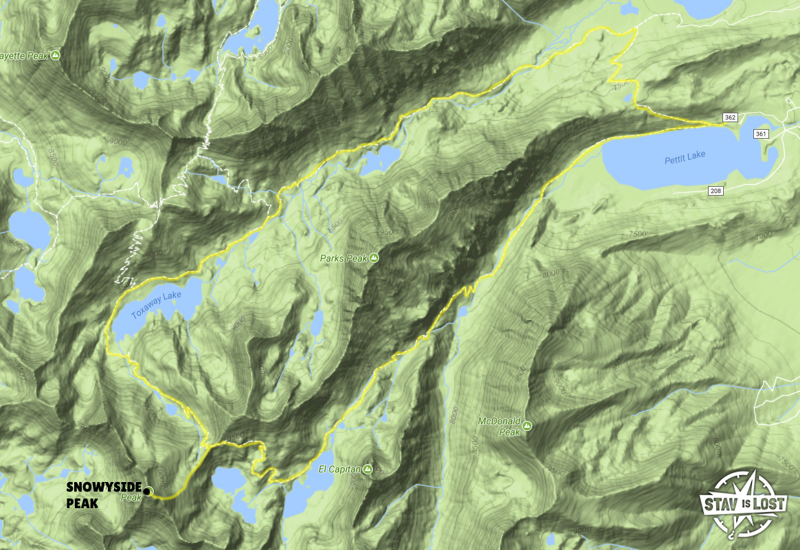 Map of Snowyside Peak via Lake Toxaway and Alice Lake Loop - Stav is Lost