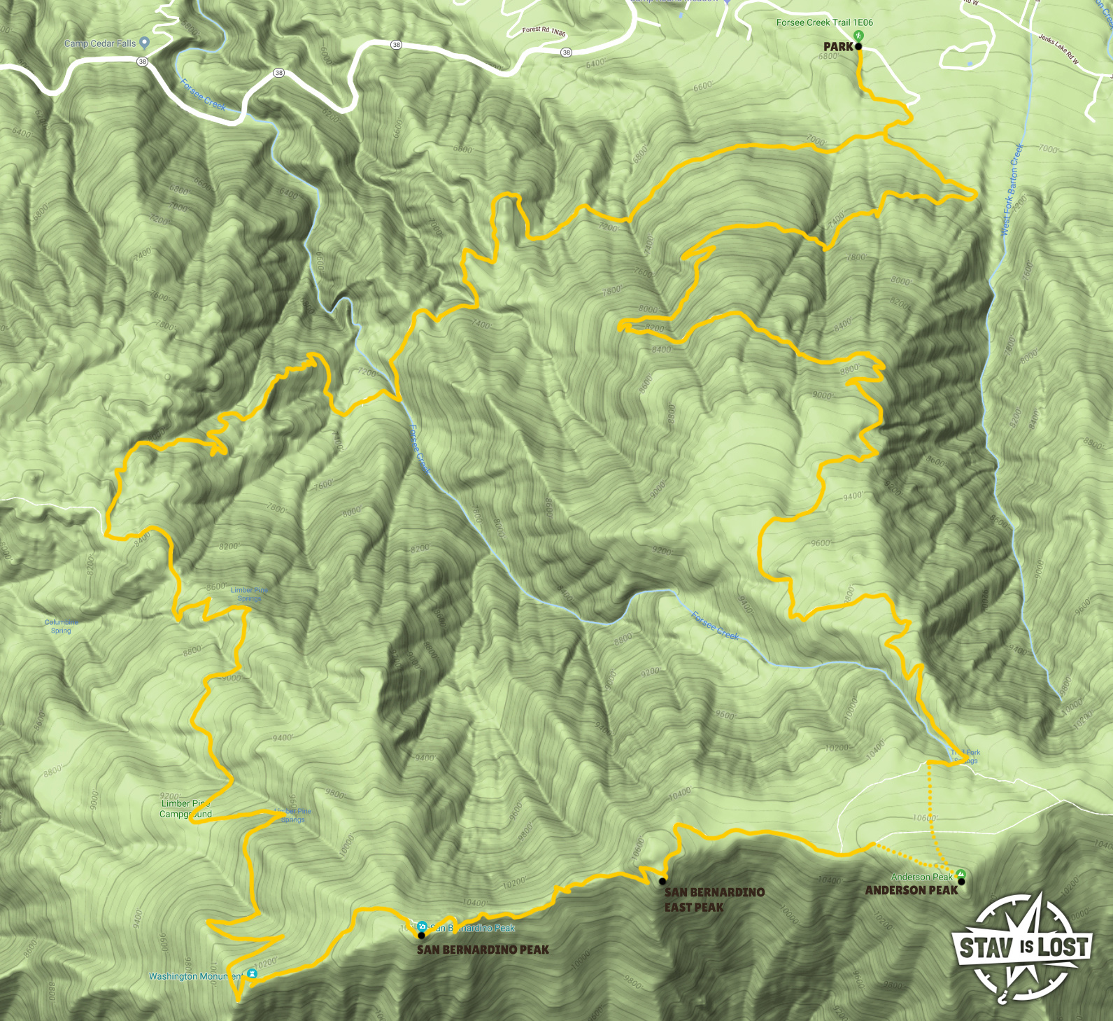 Map of Anderson Peak and San Bernardino Peak via Forsee Loop - Stav is Lost