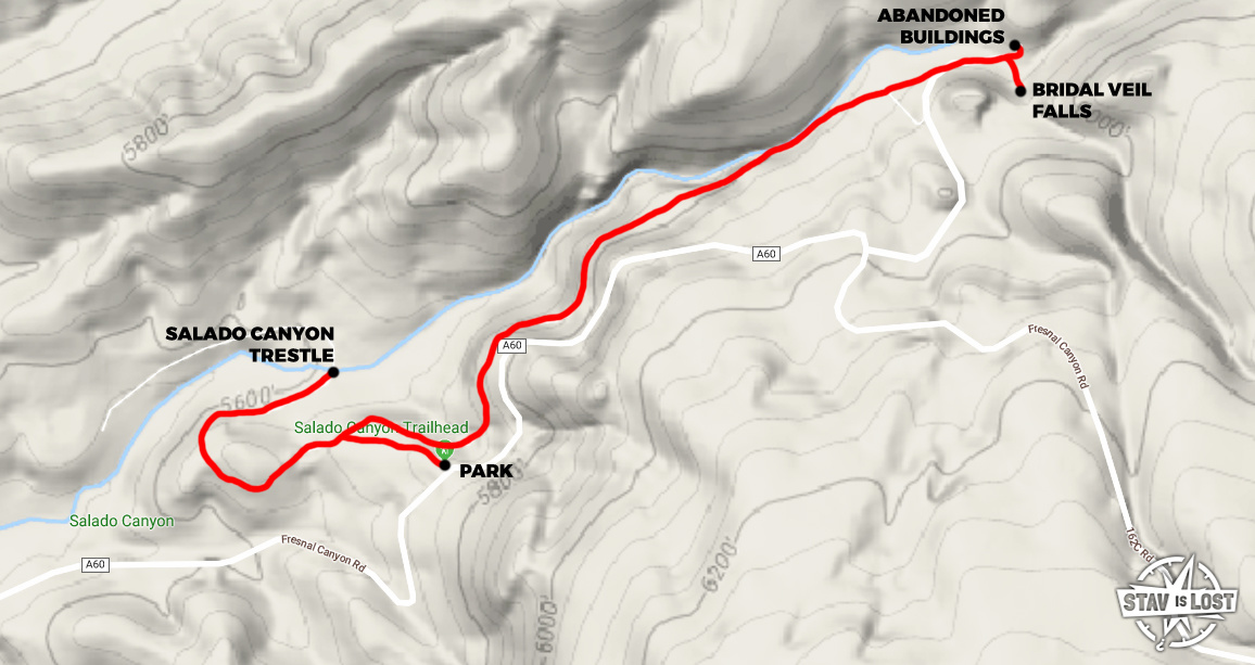 Map of Salado Canyon Trestle and Bridal Veil Falls - Stav is Lost