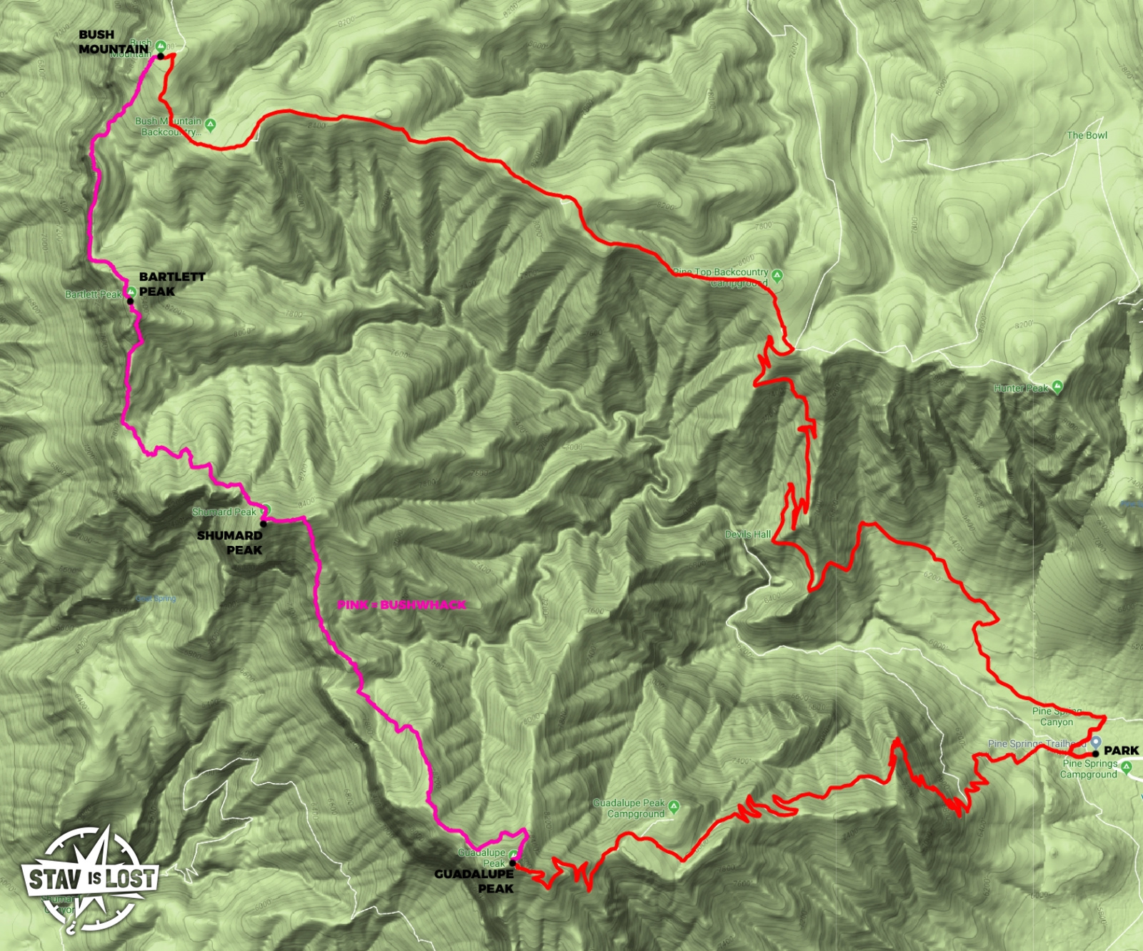 Map of Guadalupe, Shumard, Bartlett, Bush Loop - Stav is Lost