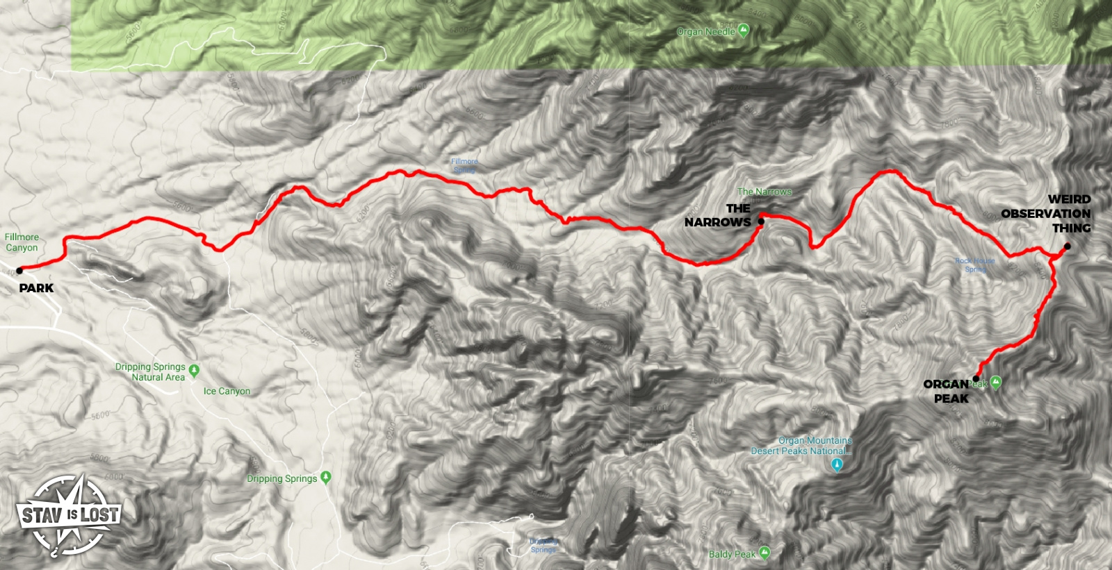 Map of Organ Peak via The Narrows - Stav is Lost