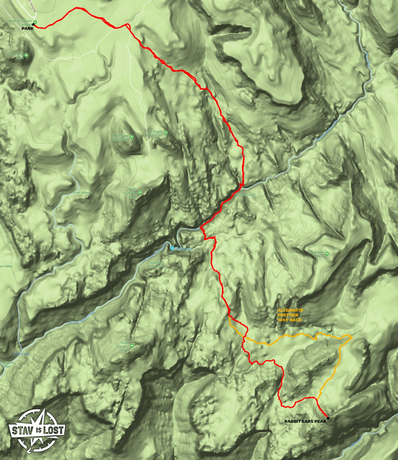 Map of Rabbit Ears Peak via Left Fork of North Creek - Stav is Lost