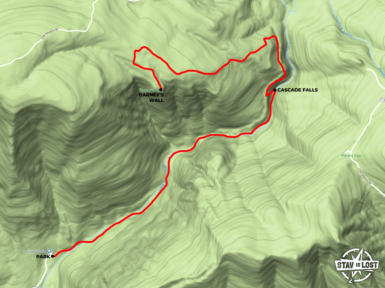 Map of Barney’s Wall via Cascade Falls - Stav is Lost