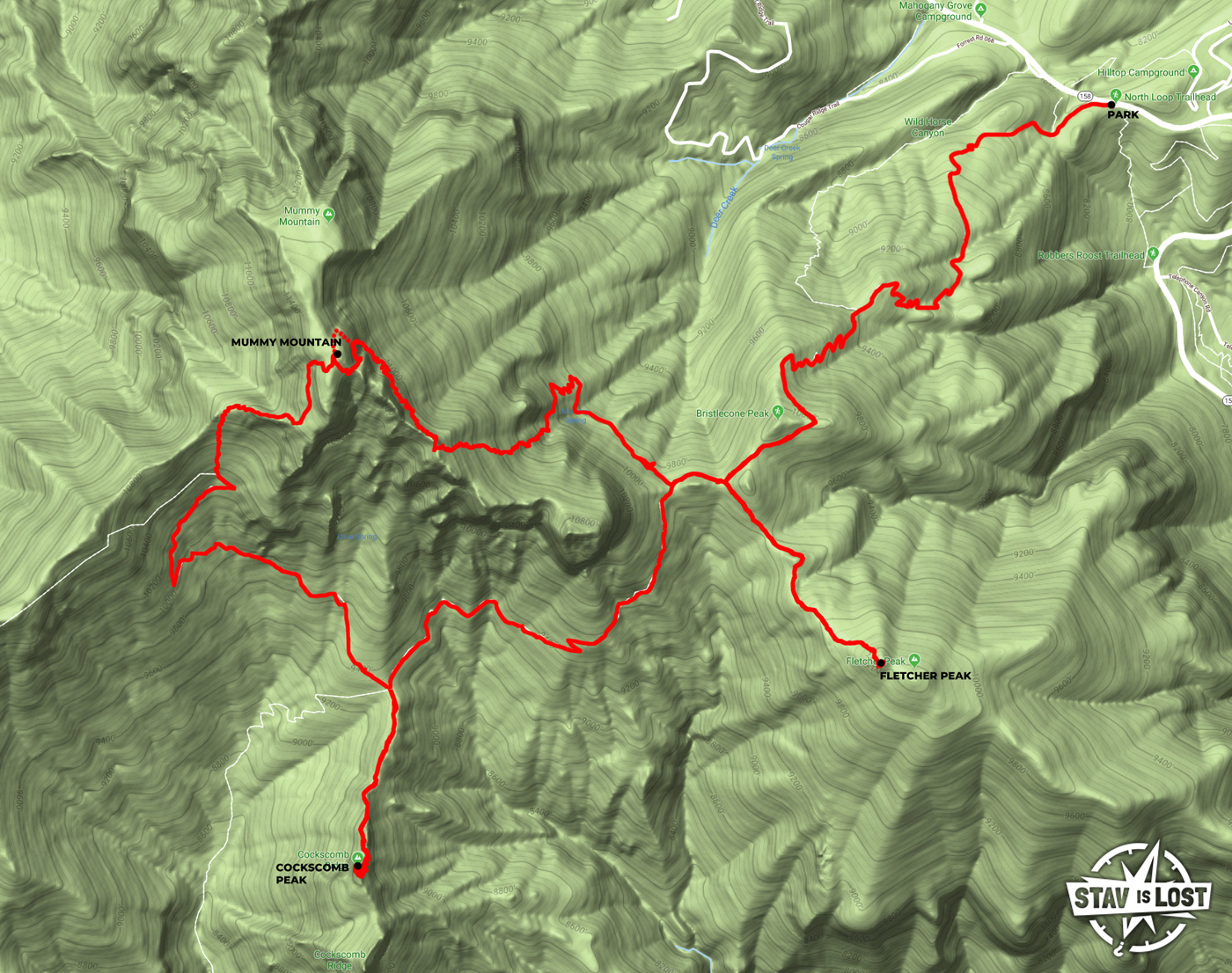 Hiking Map for Mummy Mountain, Cockscomb Peak, Fletcher Peak