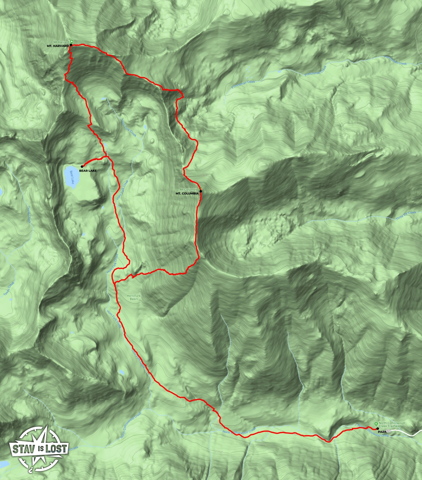Map of Mount Harvard and Mount Columbia Loop - Stav is Lost