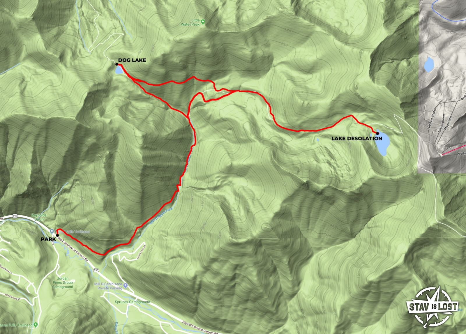 Hiking Map for Dog Lake and Desolation Lake