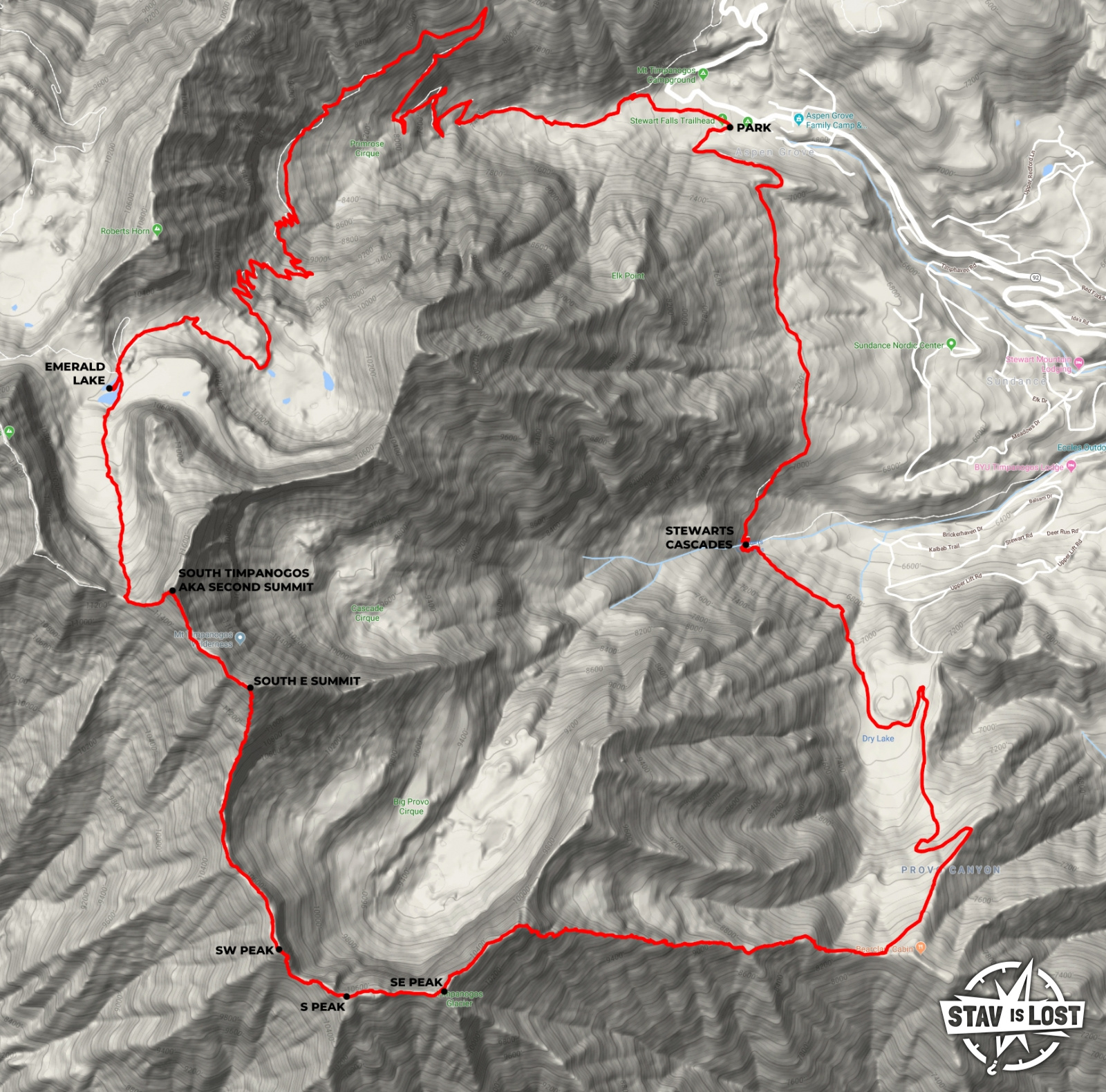 Map of South Timpanogos via Big Provo Cirque Traverse - Stav is Lost