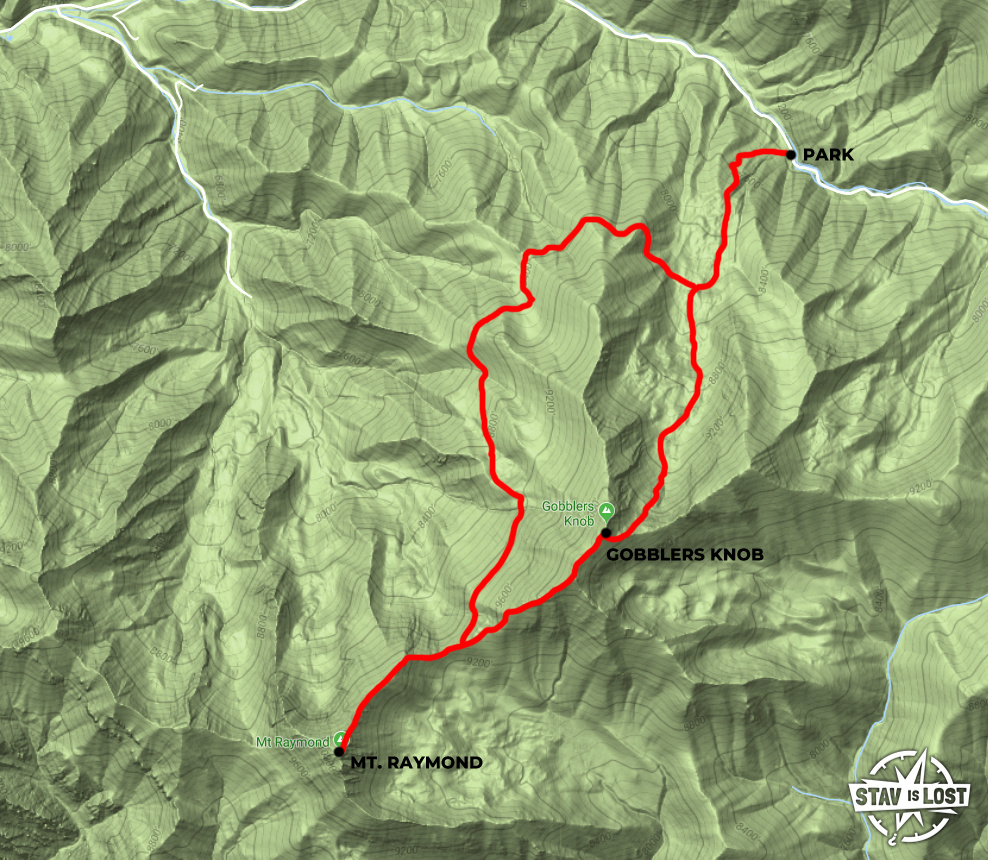 Map of Gobblers Knob and Mount Raymond via Alexander Basin - Stav is Lost