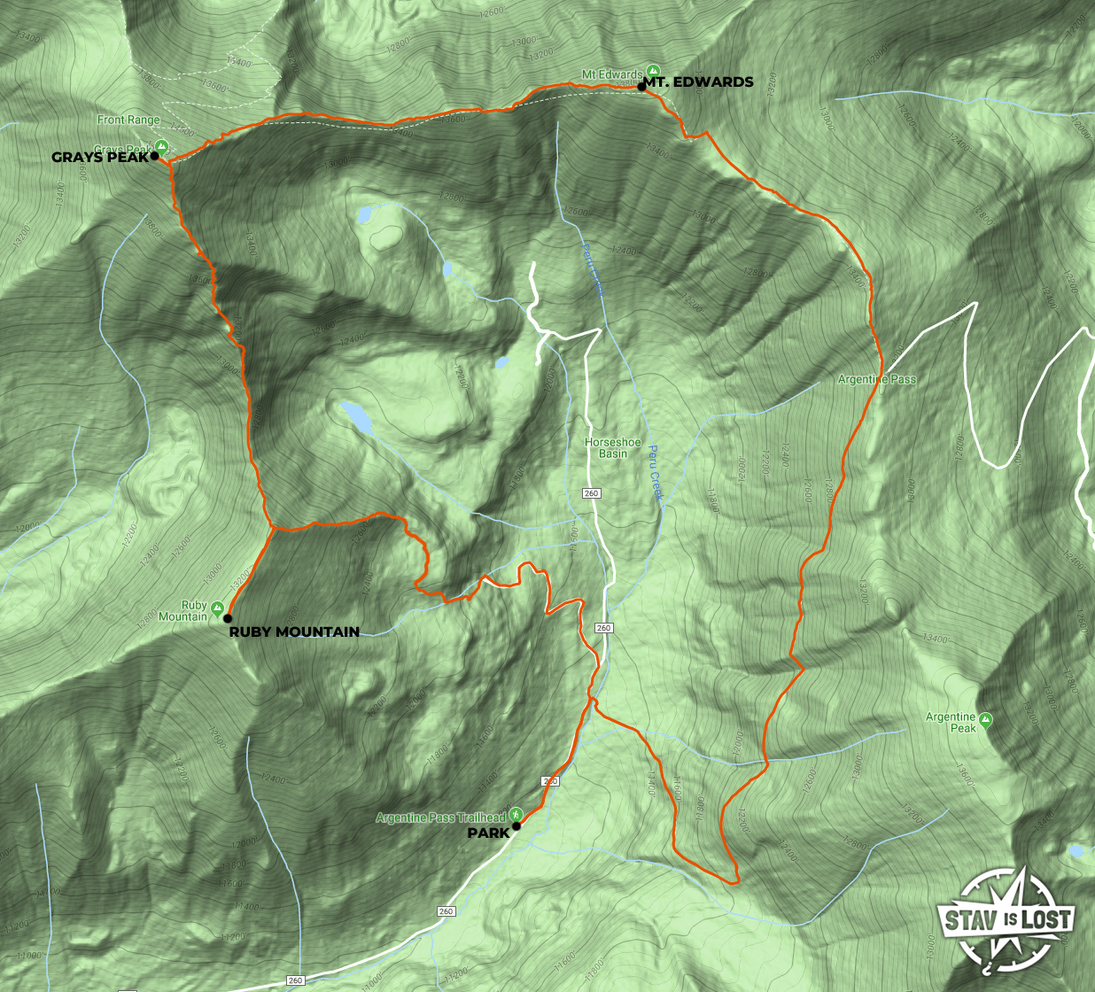 Map of Ruby Mountain, Grays Peak, Mount Edwards Loop - Stav is Lost
