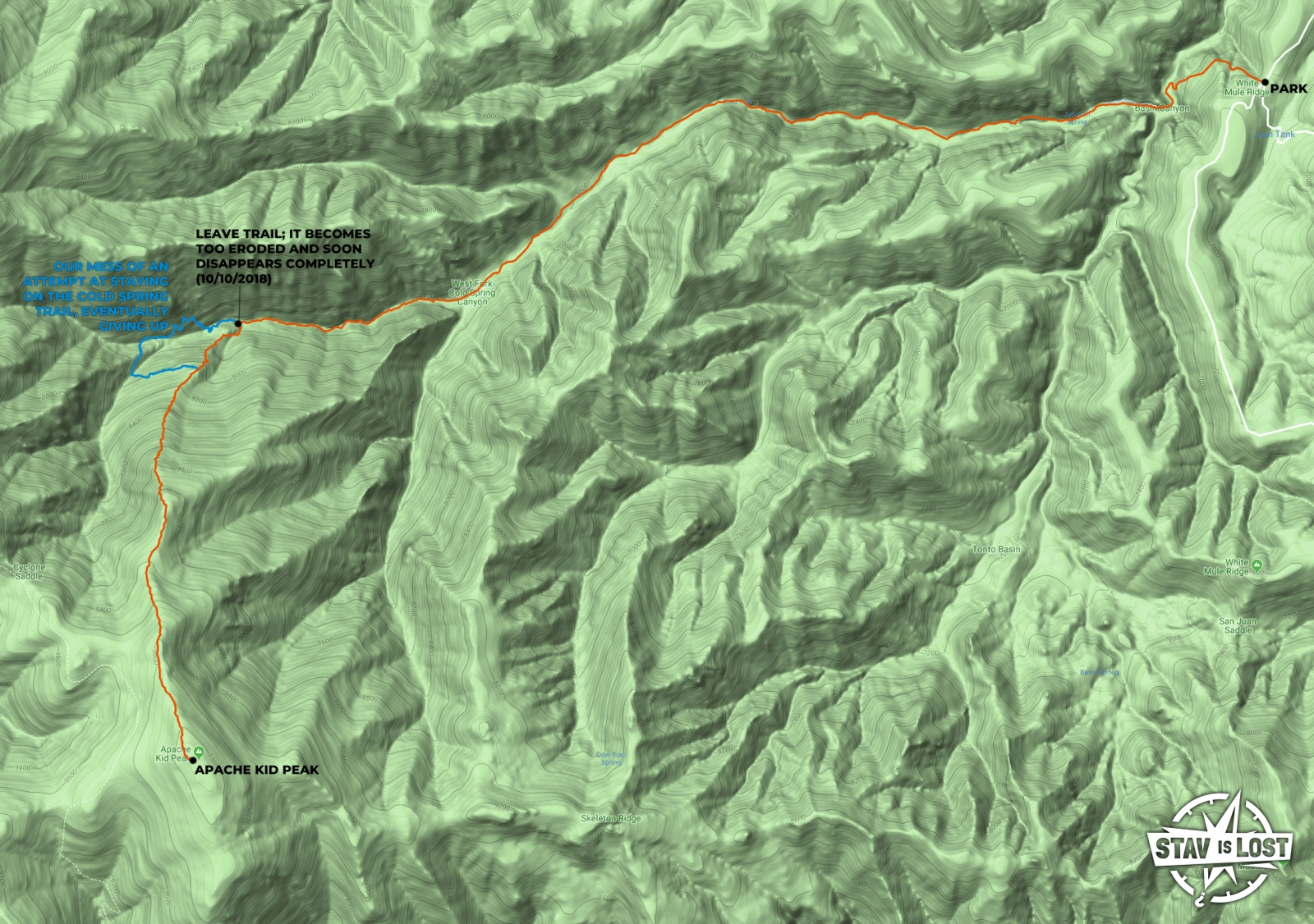 Map of Apache Kid Peak via Cold Spring Trail - Stav is Lost