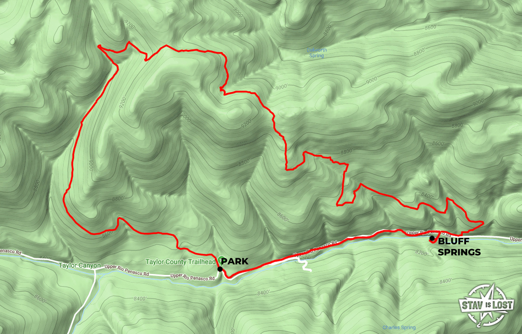 Map of Bluff Springs via Taylor Canyon Trail - Stav is Lost