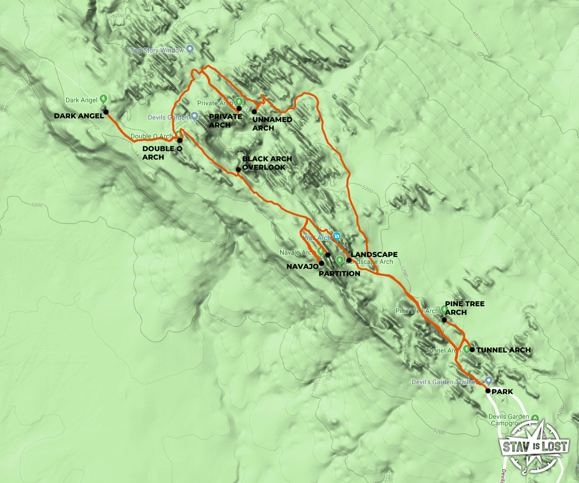 Map of Dark Angel via Devil’s Garden Primitive Loop - Stav is Lost