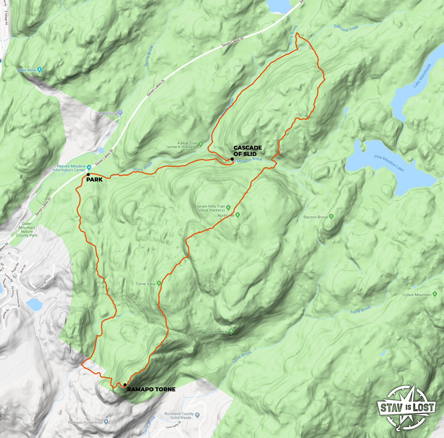 Map of Seven Hills, Stony Brook, Cascade of Slid Loop - Stav is Lost