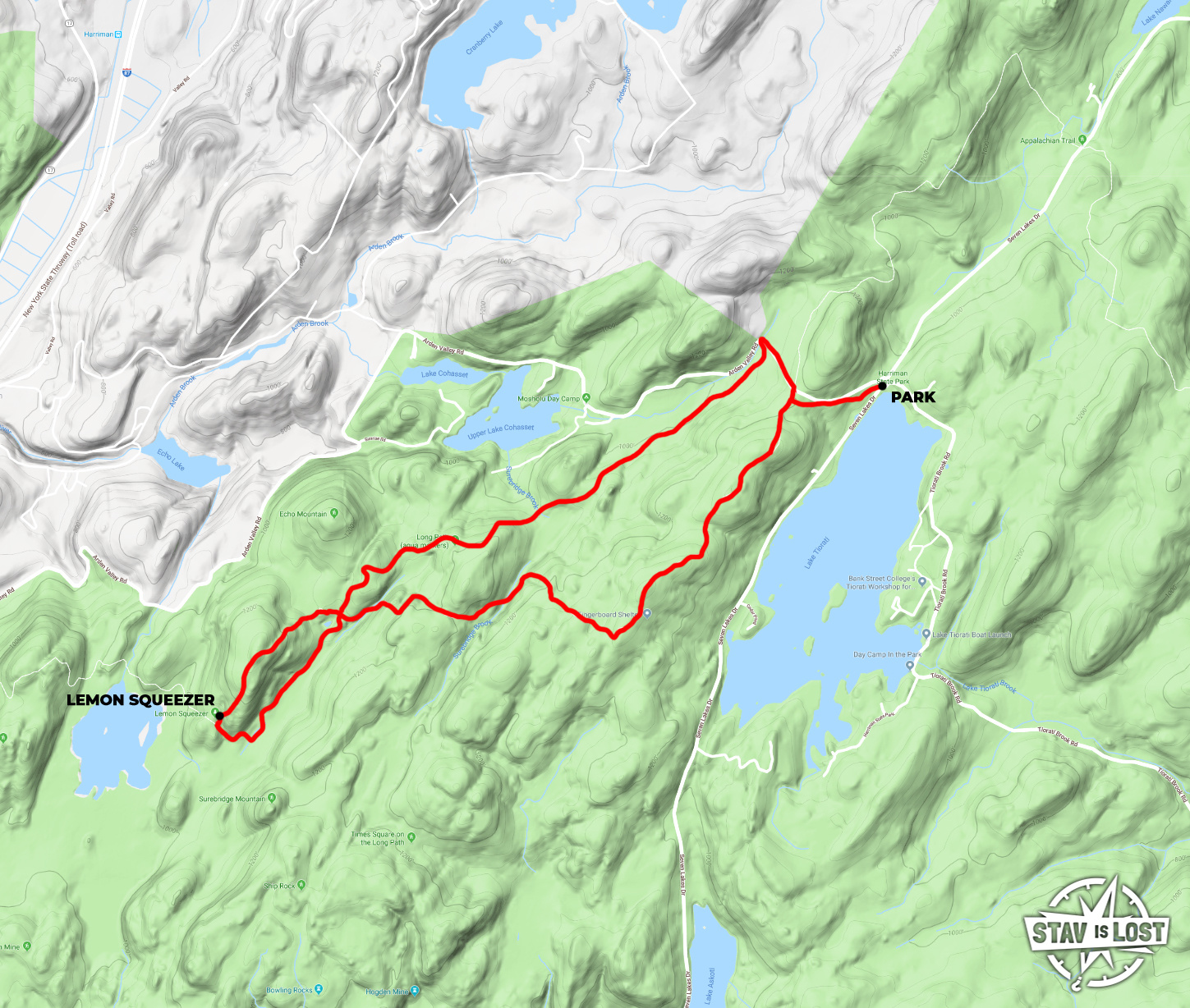 Hiking Map for Lemon Squeezer via Fingerboard Mountain