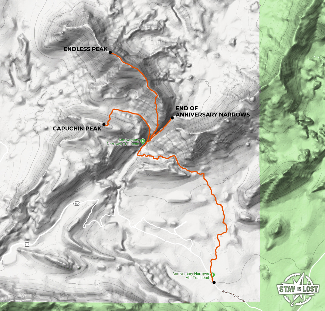 Hiking Map for Endless Peak and Capuchin Peak via Anniversary Narrows
