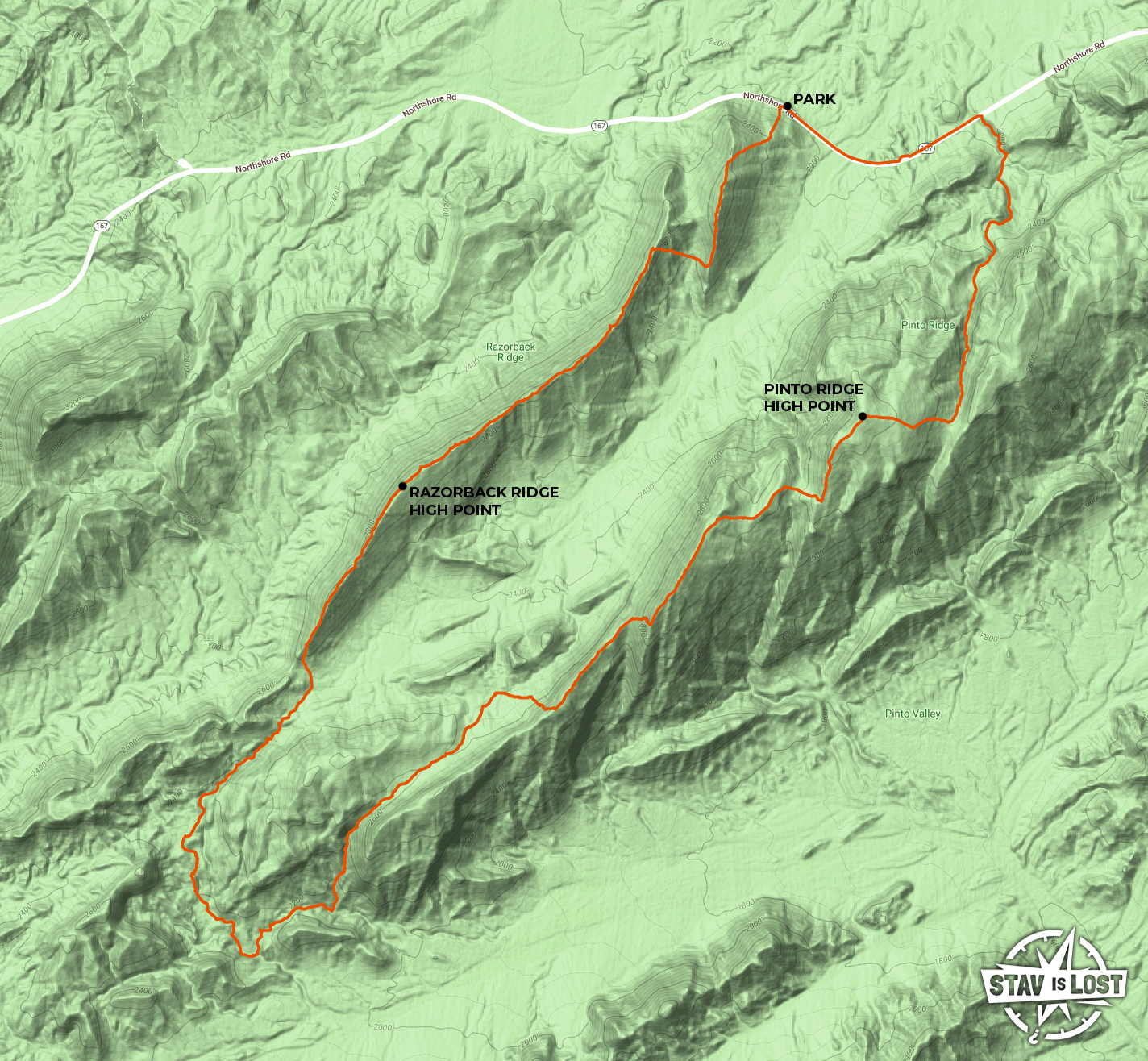 Map of Razorback Ridge and Pinto Ridge Loop - Stav is Lost