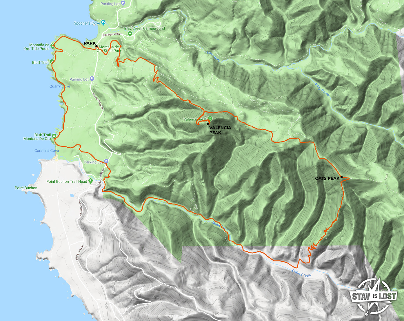 Map of Valencia Peak, Coon Creek, Bluff Trail Loop - Stav is Lost