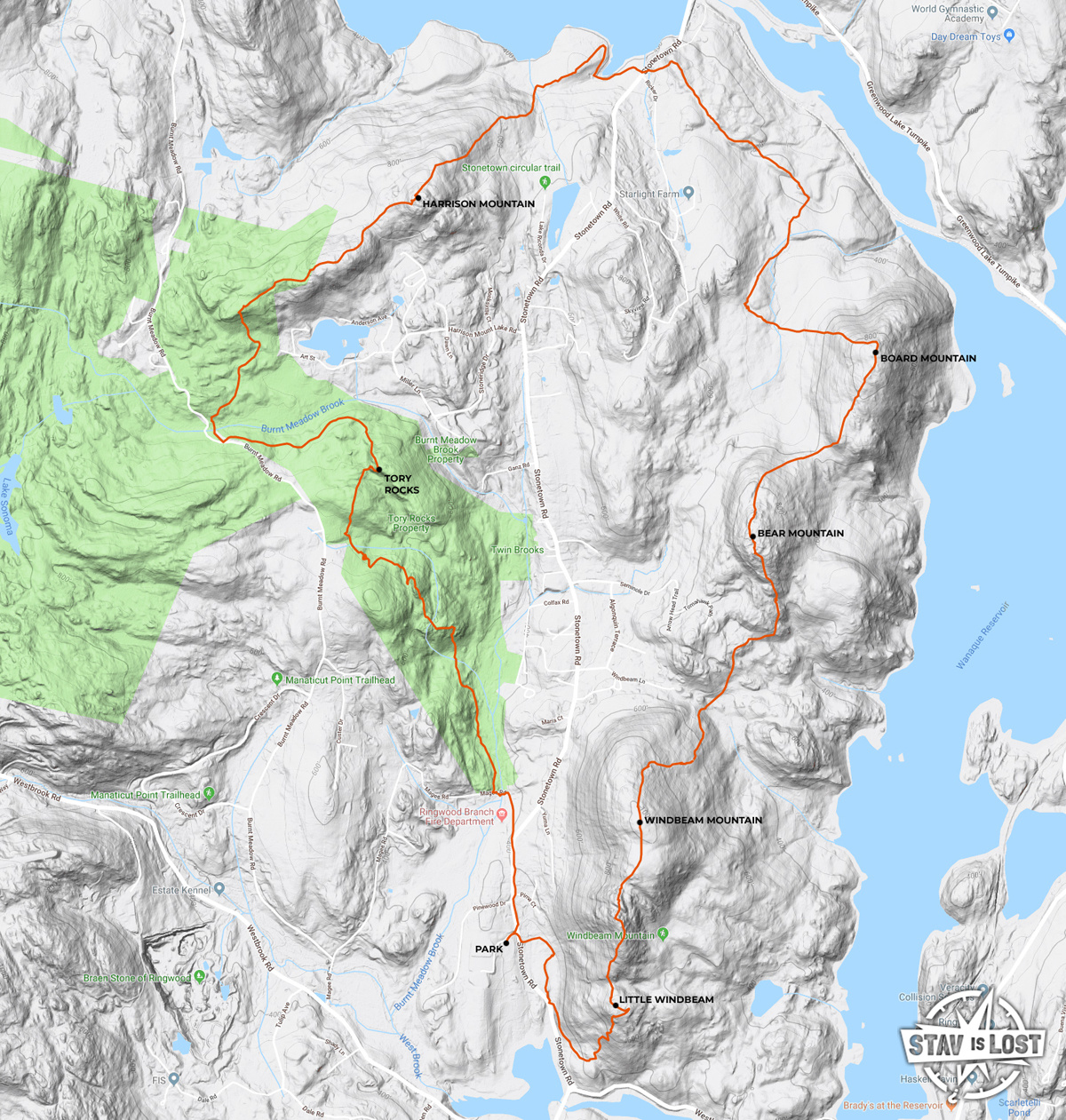 Map of Windbeam Mountain, Harrison Mountain, Tory Rocks Loop - Stav is Lost