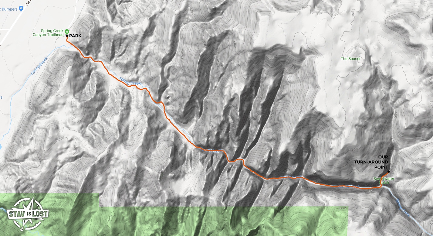 Map of Spring Creek Canyon to Sweetwater Gulch - Stav is Lost