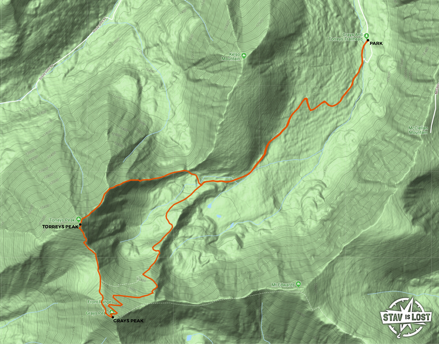 Map of Torreys and Grays Peaks via Kelso Ridge - Stav is Lost