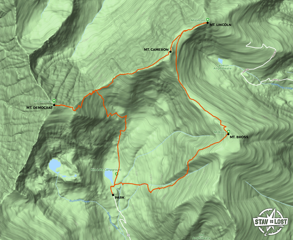 Map of Mount Democrat, Cameron, Lincoln, Bross Loop - Stav is Lost