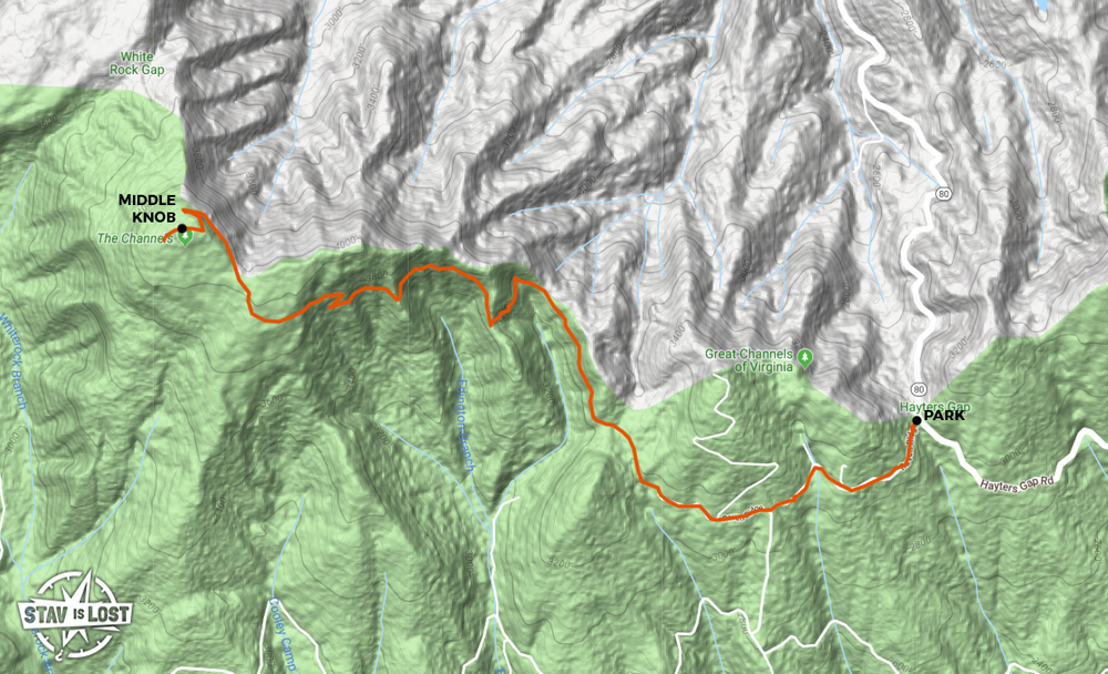 Map of The Great Channels via Brumley Mountain Trail - Stav is Lost