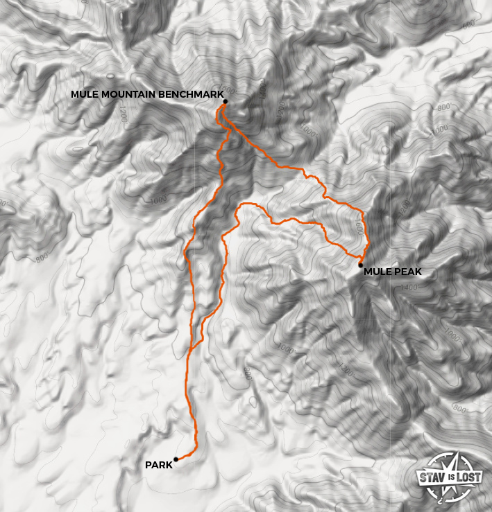 Map of Mule Mountain Benchmark and Mule Peak - Stav is Lost