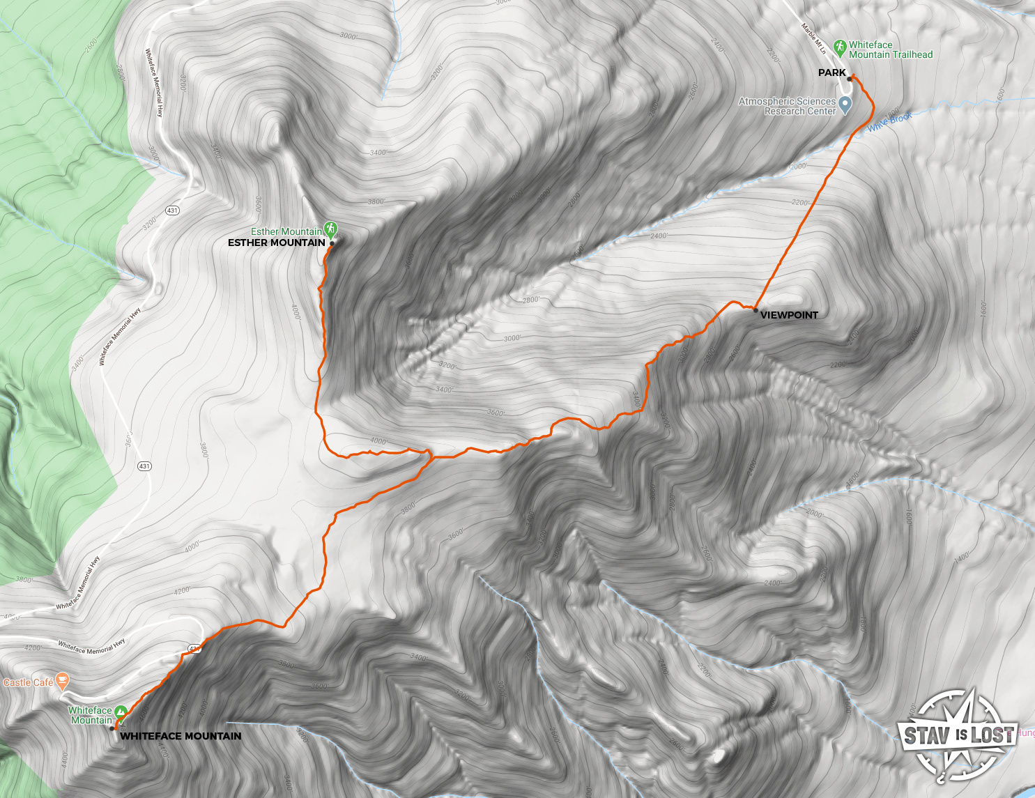 Map of Whiteface Mountain and Esther Mountain - Stav is Lost