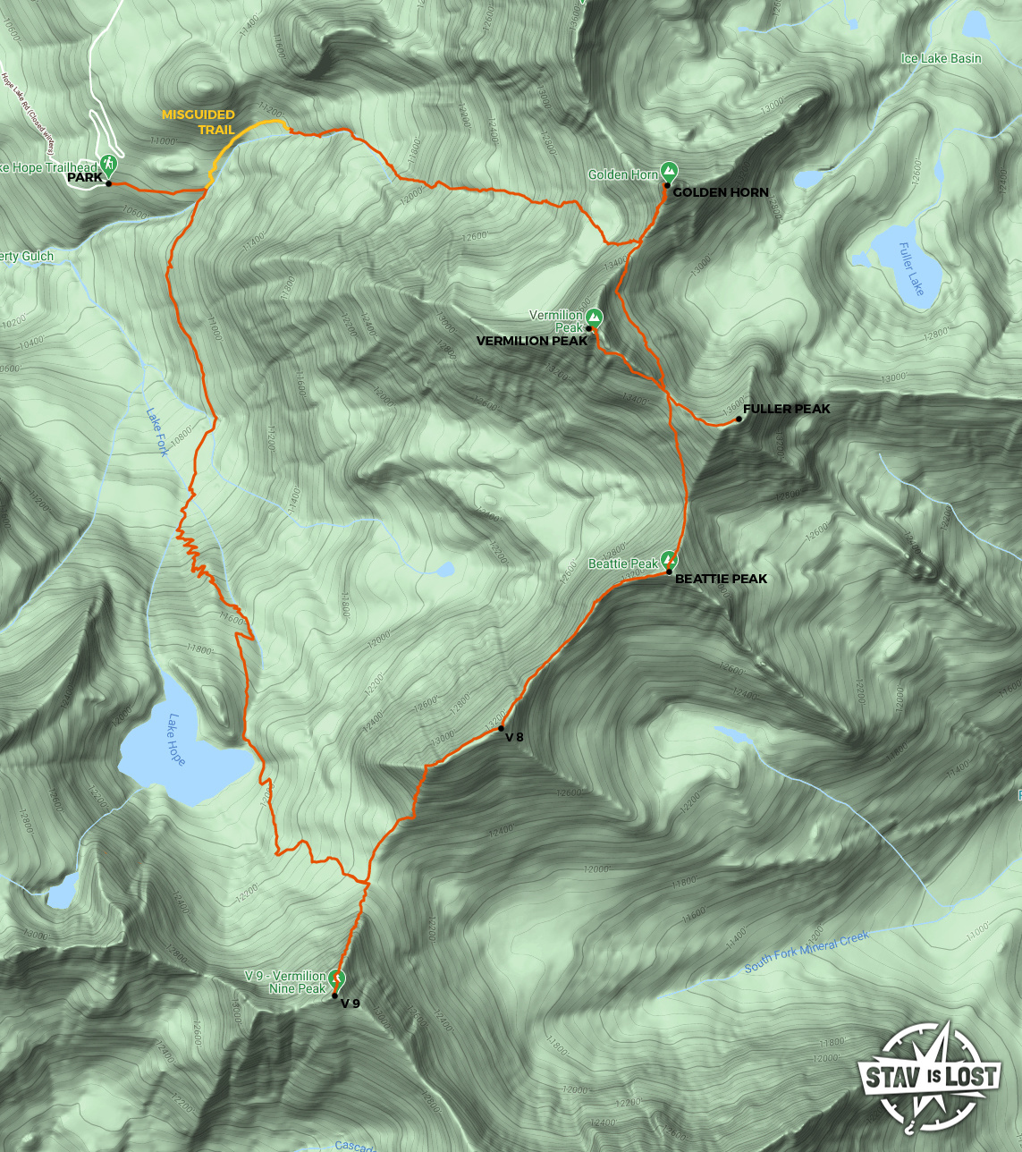 Map of V9, Beattie Peak, Vermilion Peak, Golden Horn via Hope Lake ...