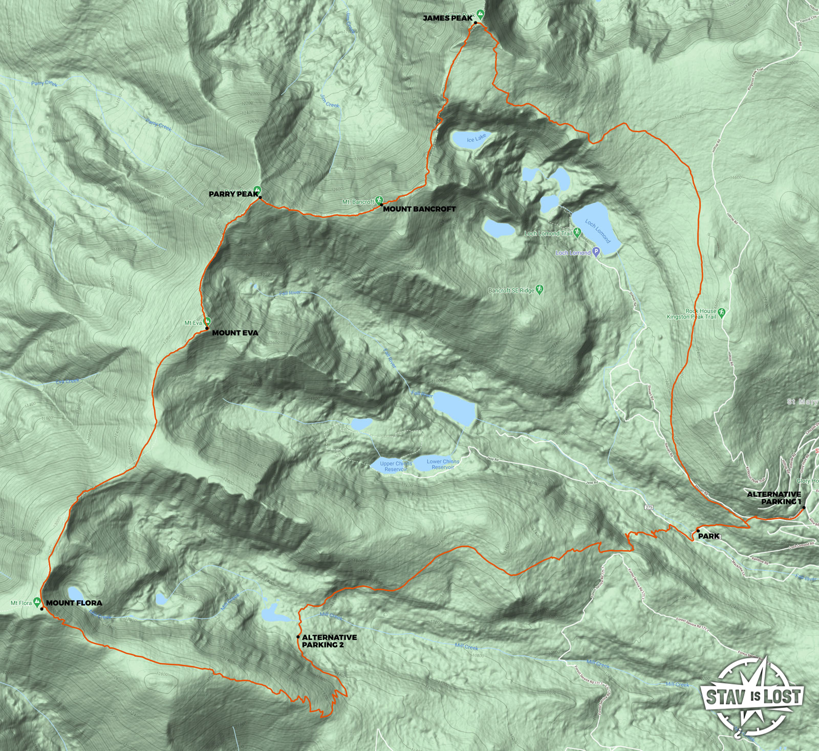 Map of James Peak, Parry Peak, Mount Eva, Mount Flora Loop - Stav is Lost