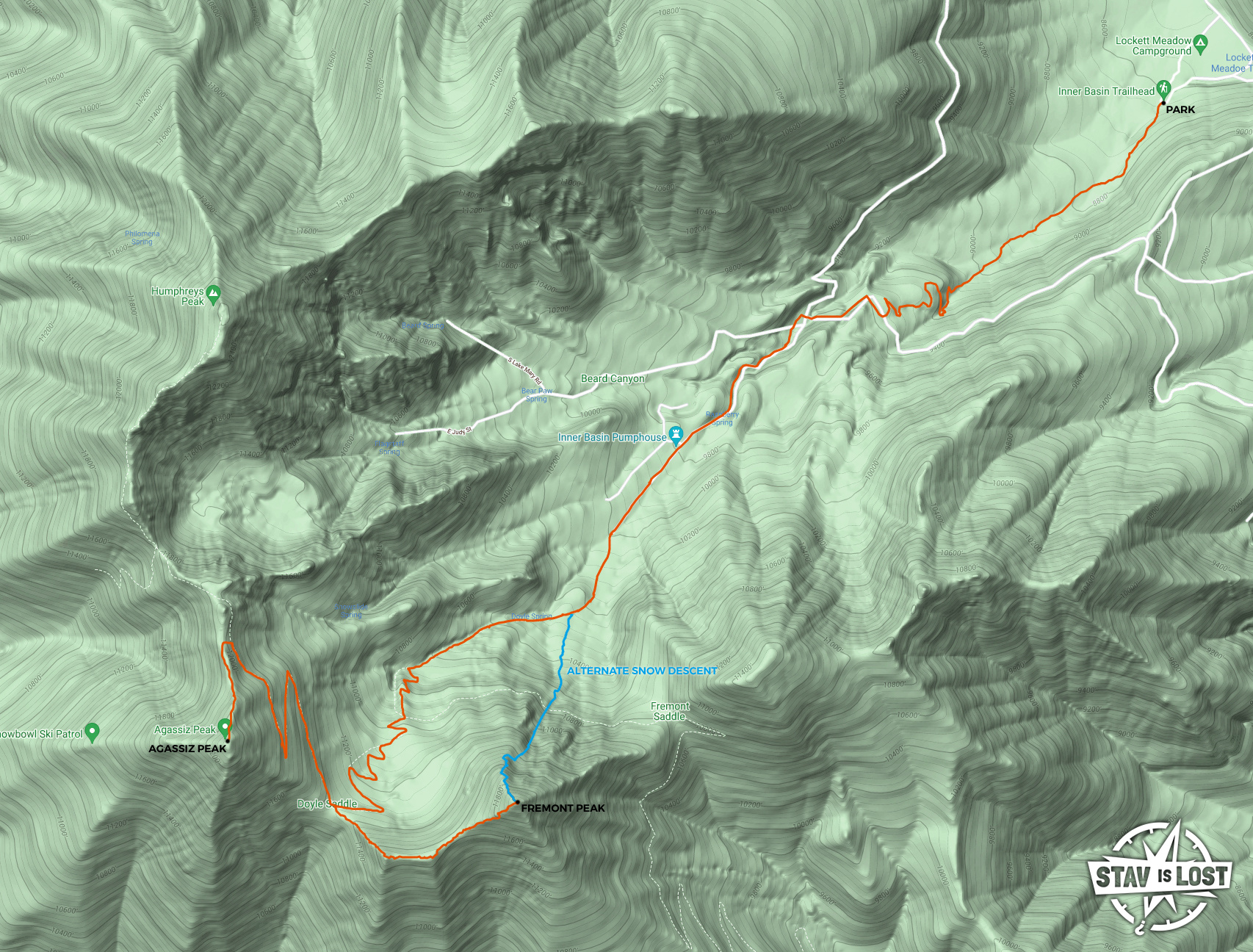 Map of Agassiz Peak and Fremont Peak via Inner Basin - Stav is Lost