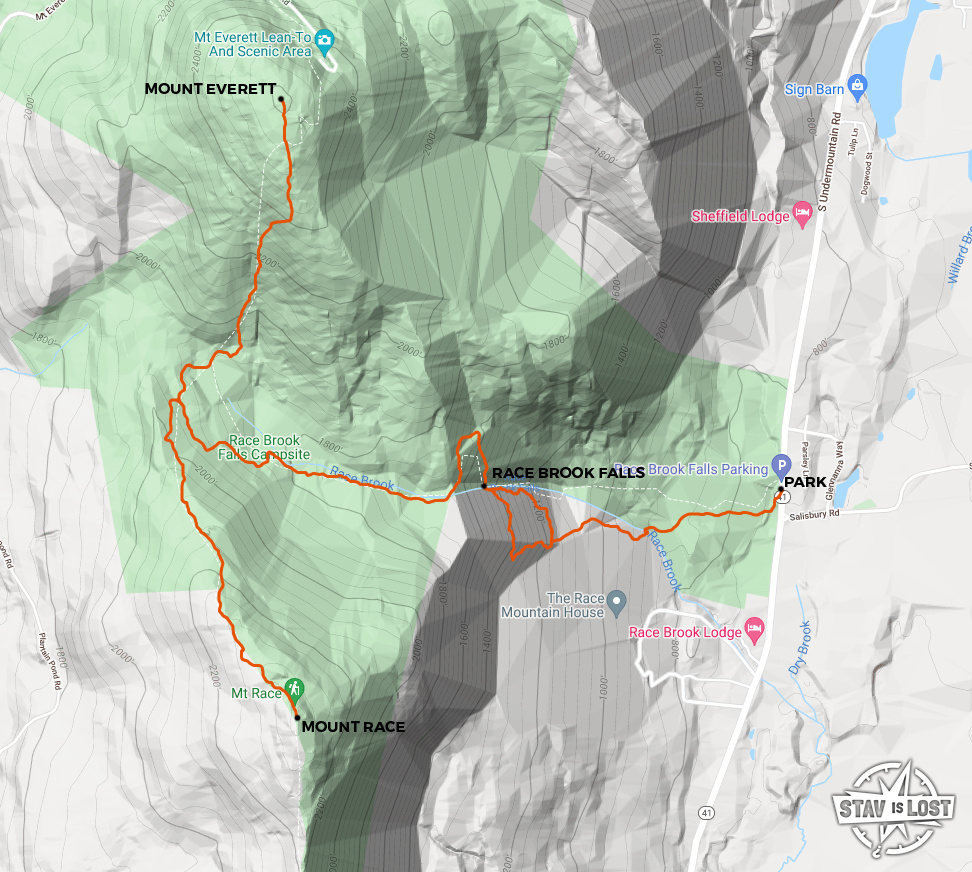 Map of Mount Everett and Mount Race via Race Brook Falls - Stav is Lost
