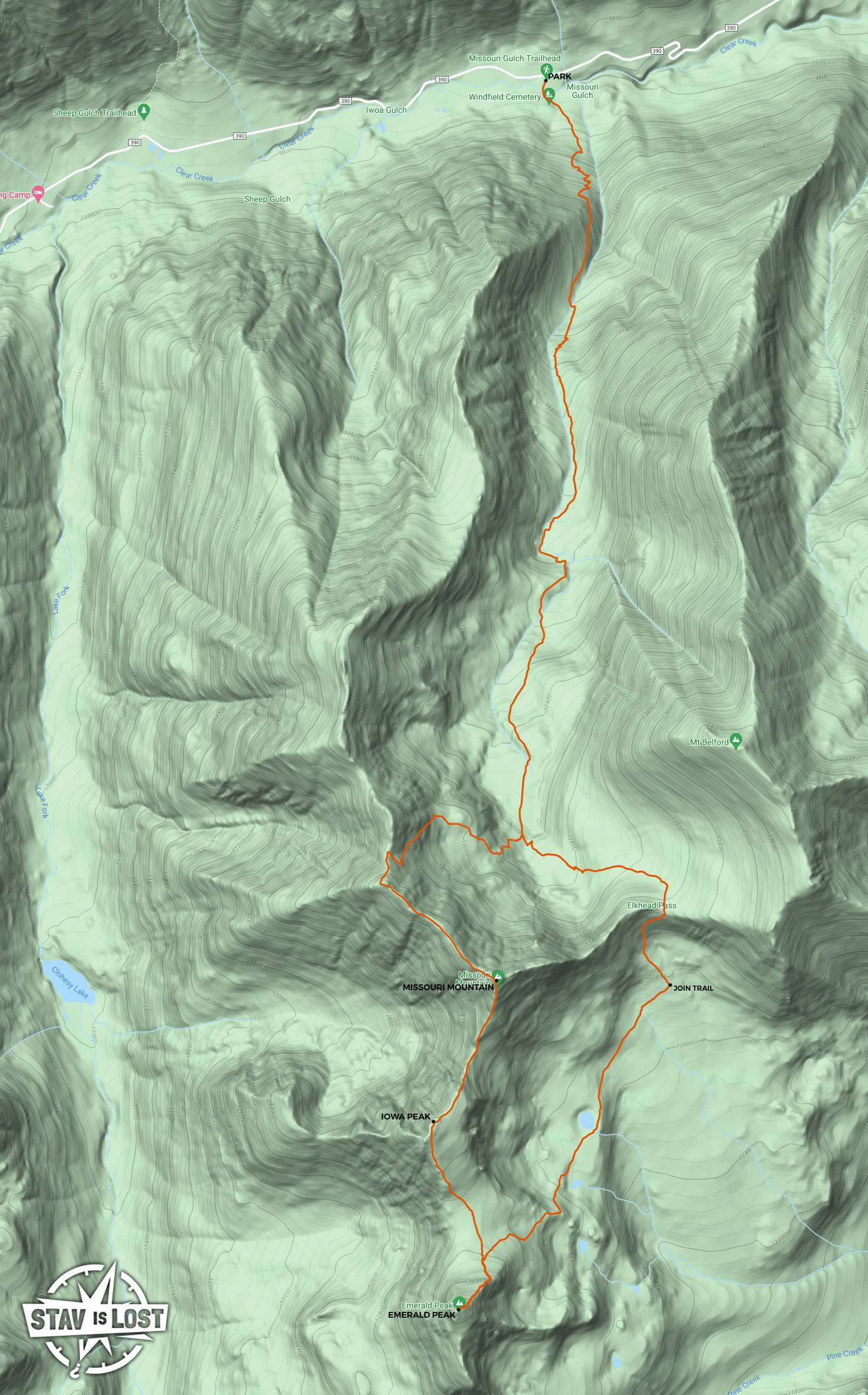Map of Missouri Mountain, Iowa Peak, Emerald Peak - Stav is Lost