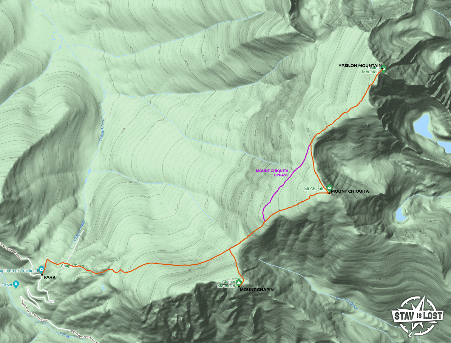 Map of Mount Chapin, Mount Chiquita, Ypsilon Mountain - Stav is Lost