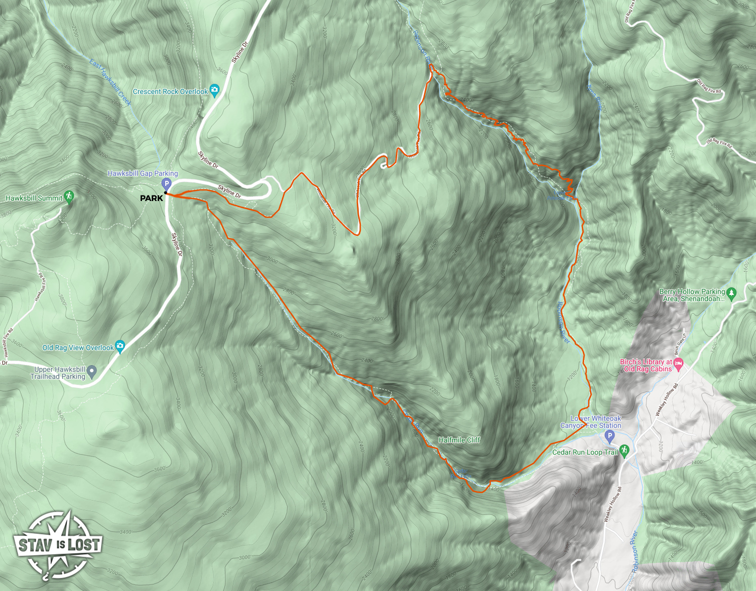 Map of Cedar Run and Whiteoak Canyon Loop - Stav is Lost