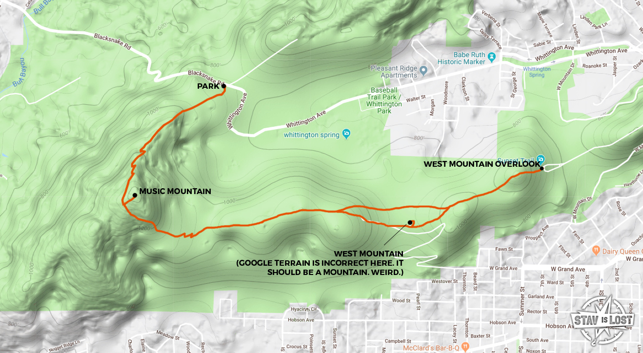 Map of Music Mountain and West Mountain via Sunset Trail - Stav is Lost