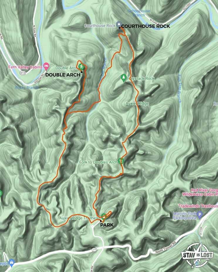 Map of Courthouse Rock and Double Arch via Auxier Ridge - Stav is Lost