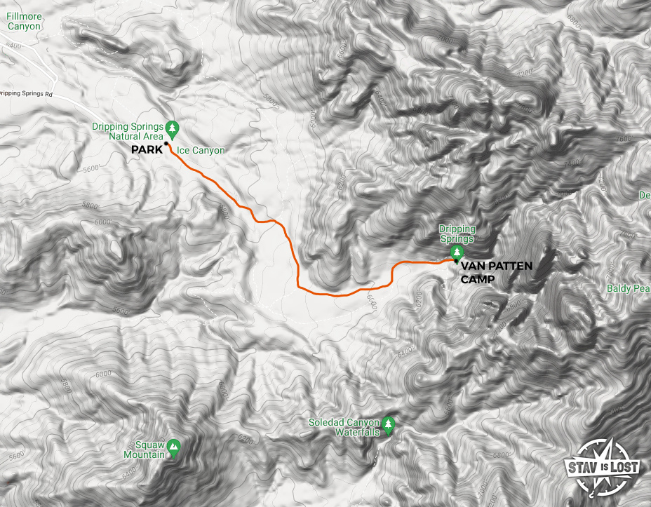Hiking Map for Dripping Springs and Van Patten Camp
