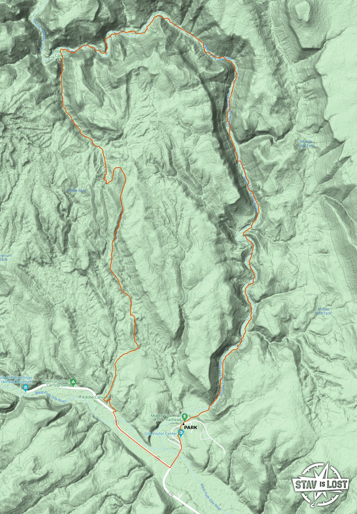 Map of Middle Fork of Gila River and Little Bear Canyon Loop - Stav is Lost