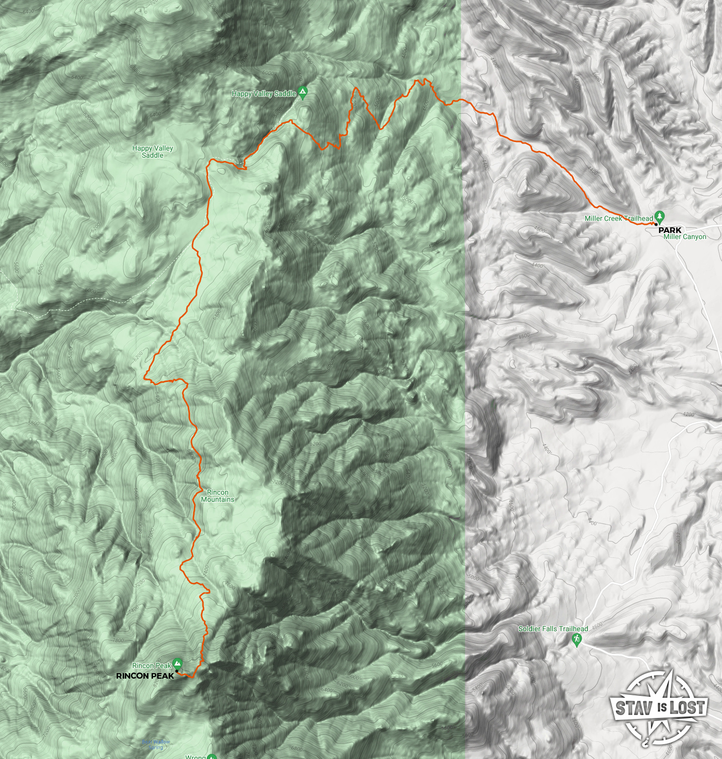 Map of Rincon Peak via Miller Creek Trail - Stav is Lost