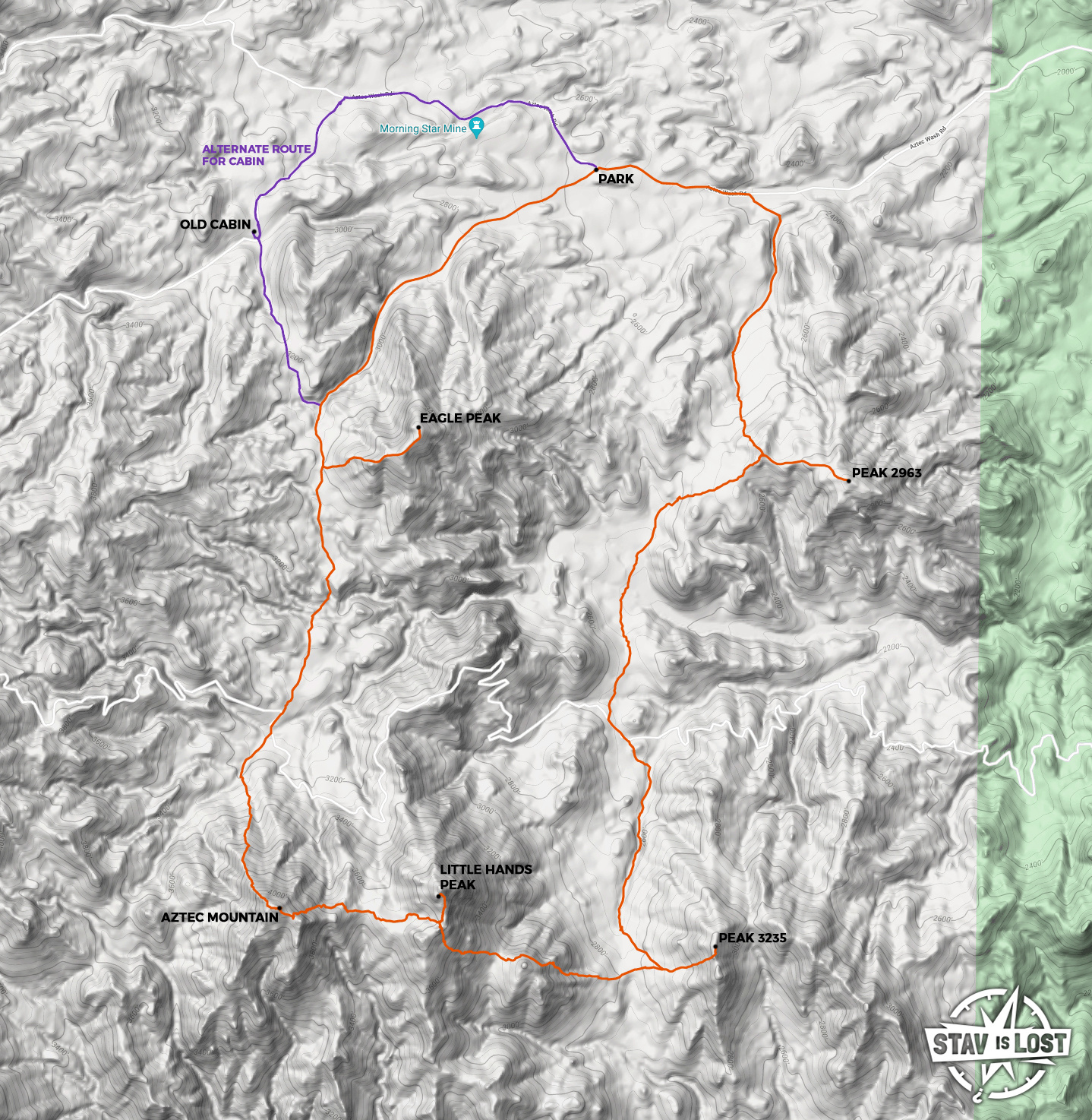 Hiking Map for Aztec Mountain and Aztec Wash Peaks Loop