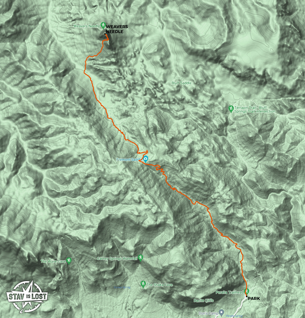 Map of Weavers Needle via West Chimney - Stav is Lost