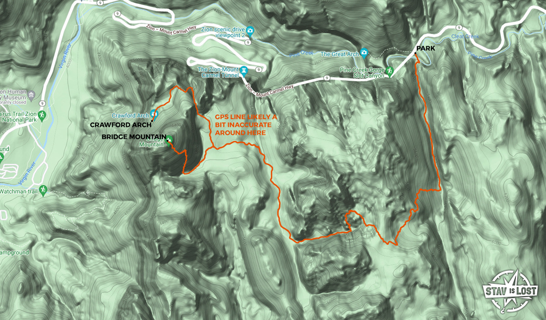 Map of Bridge Mountain and Crawford Arch - Stav is Lost