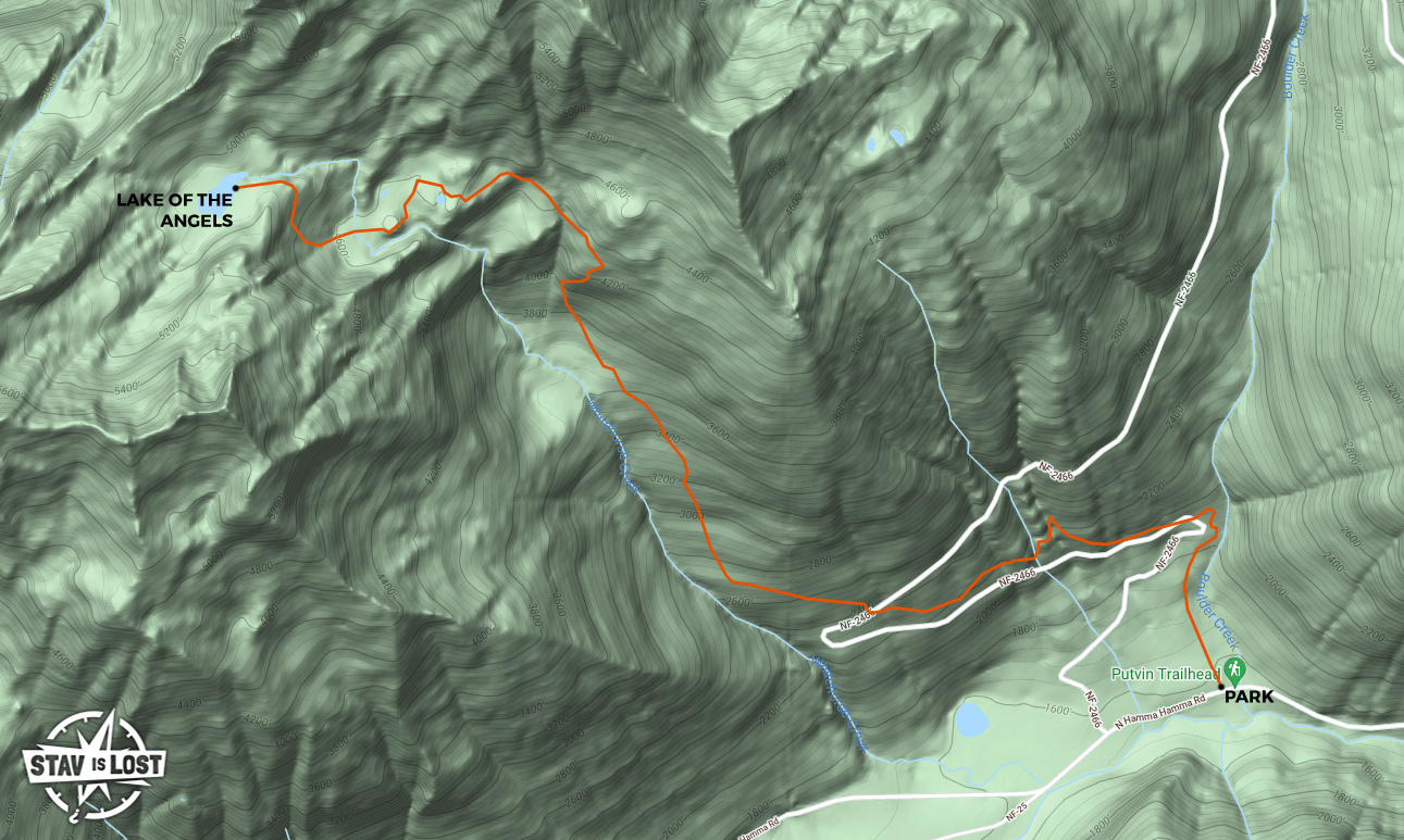 Map of Lake of the Angels via Putvin Trail - Stav is Lost