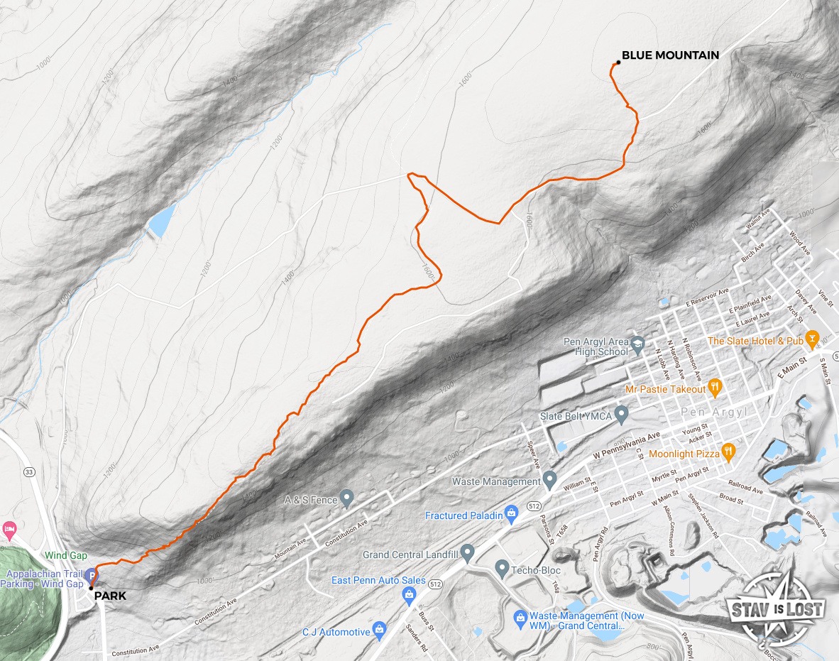 Map of Blue Mountain via Appalachian Trail - Stav is Lost