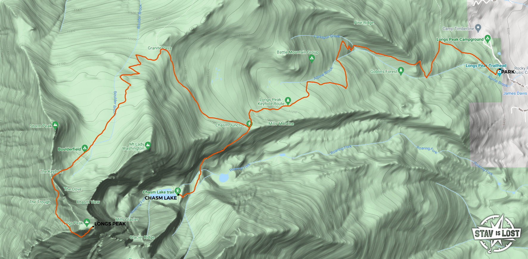 Hiking Map for Longs Peak and Chasm Lake