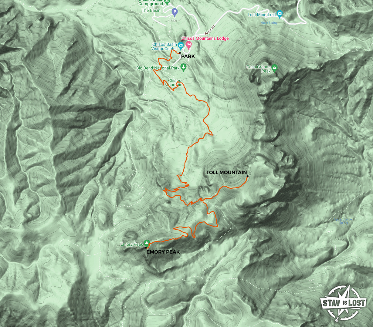 Map of Emory Peak and Toll Mountain - Stav is Lost