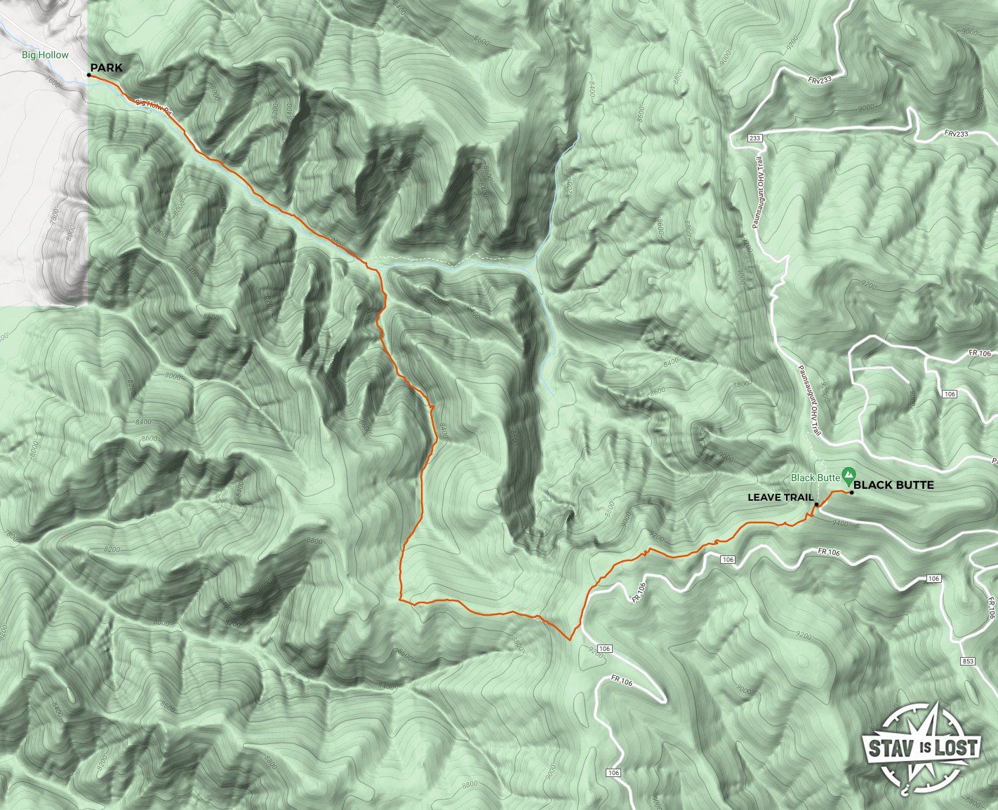 Map of Black Butte via Big Hollow Trail - Stav is Lost